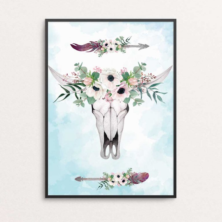Obraz Boho Czaszka i Kwiaty - Jeleń - SmallART