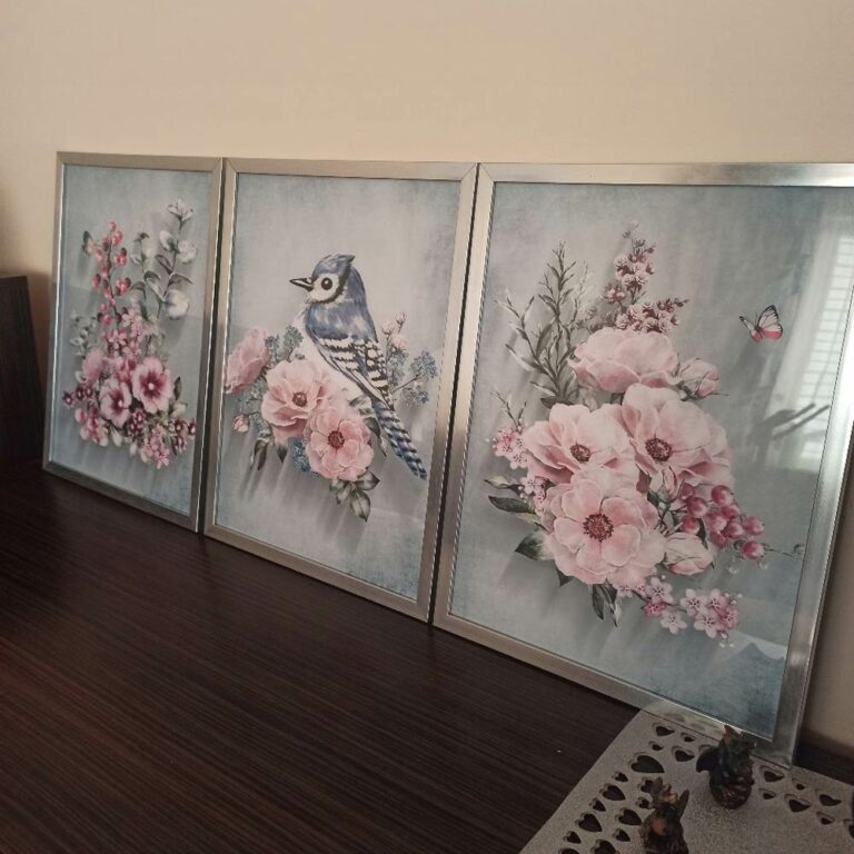 Komplet 3 obrazów Niebieski Ptak i Kwiaty - SmallART